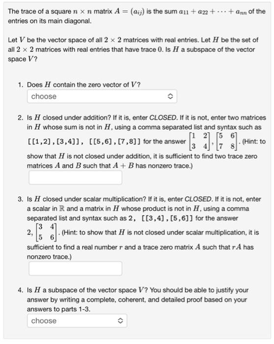 Solved The trace of a square n x n matrix A = (aij) is the | Chegg.com