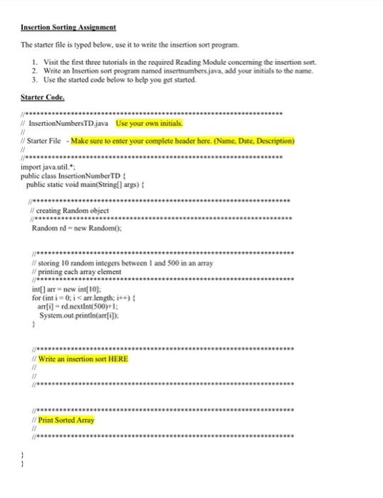 Solved Insertion Sorting Assignment The starter file is | Chegg.com