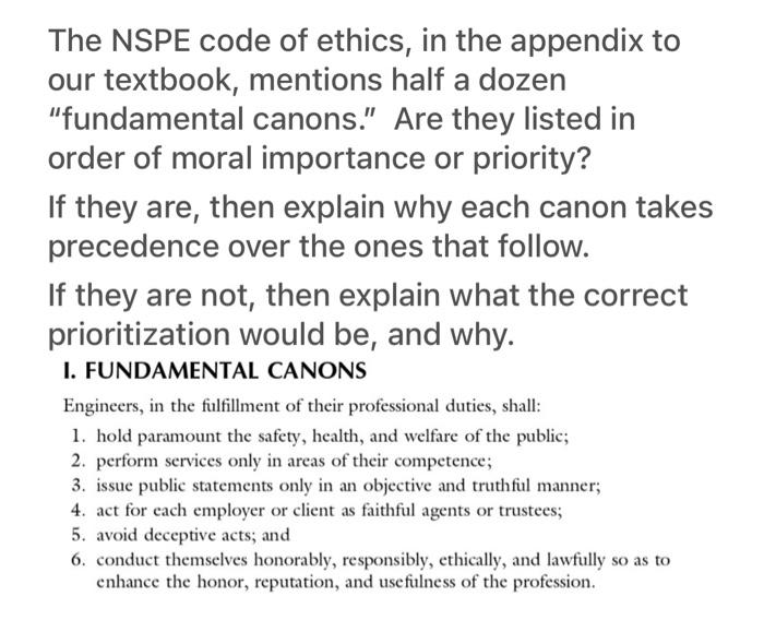 Solved The NSPE code of ethics, in the appendix to our | Chegg.com