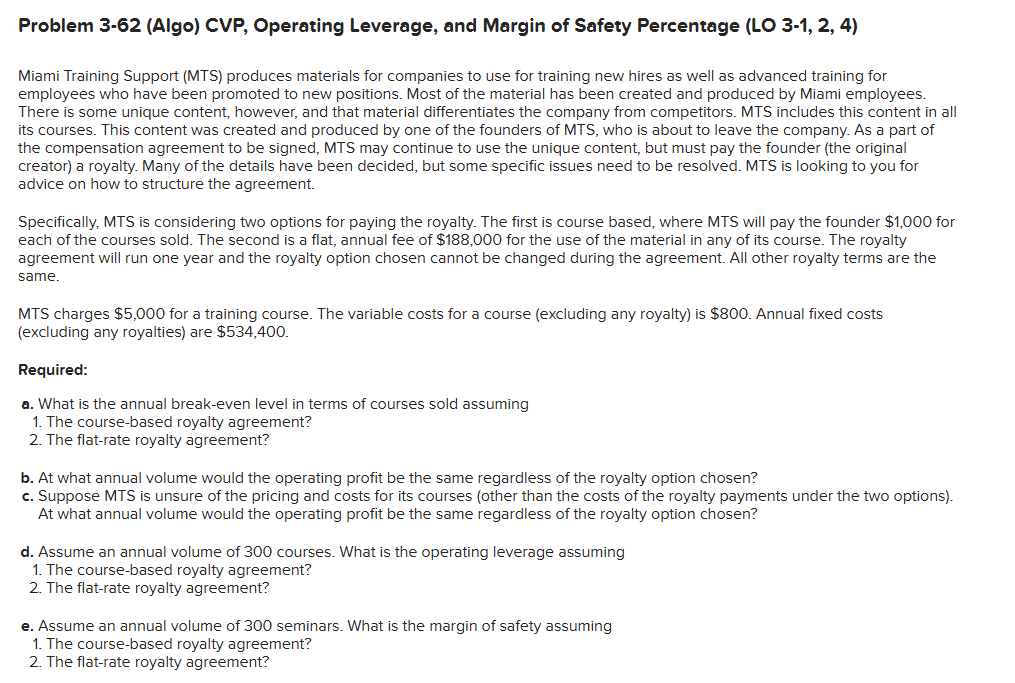 Solved Problem 3-62 (Algo) CVP, ﻿Operating Leverage, and | Chegg.com