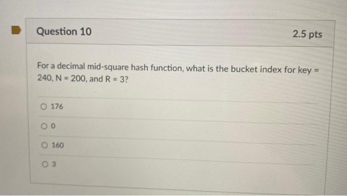 Solved Question 10 2.5 pts For a decimal mid-square hash | Chegg.com