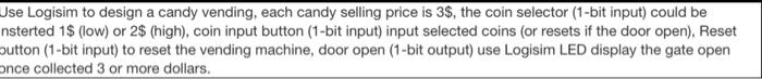 Solved Use Logisim to design a candy vending, each candy | Chegg.com