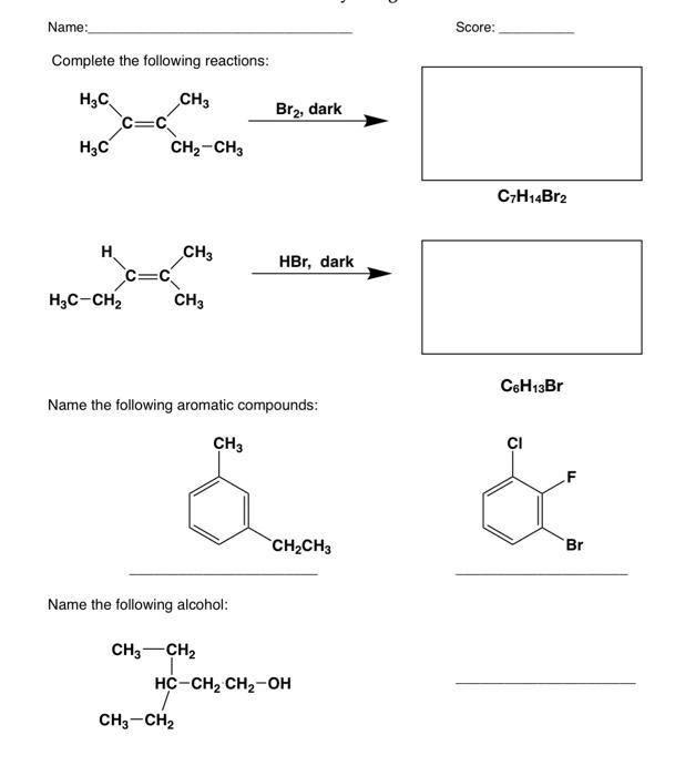 Solved Complete the following reactions: Br2, dark C7H14Br2 | Chegg.com