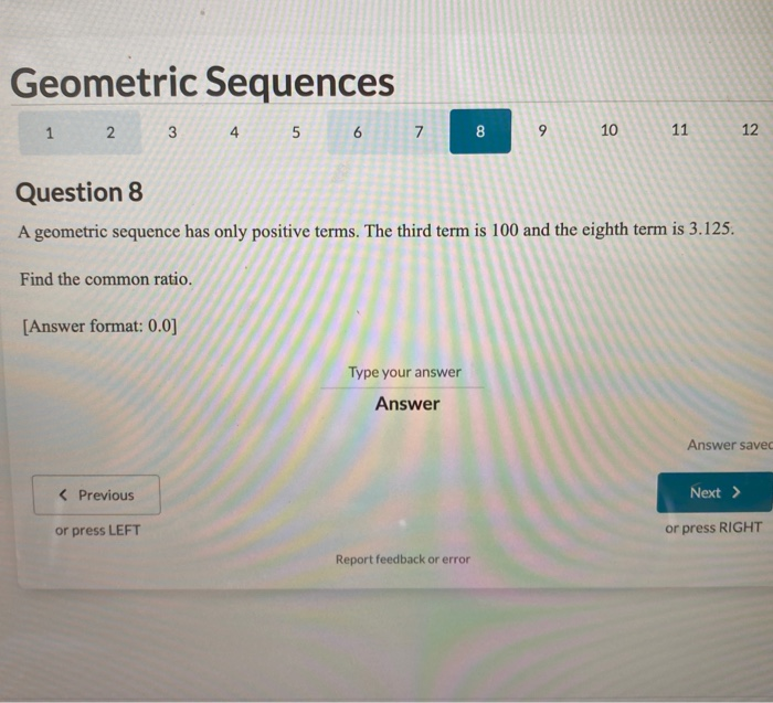 Solved Geometric Sequences 1 2 3 4 5 6 7 8 8 9 10 11 12 | Chegg.com