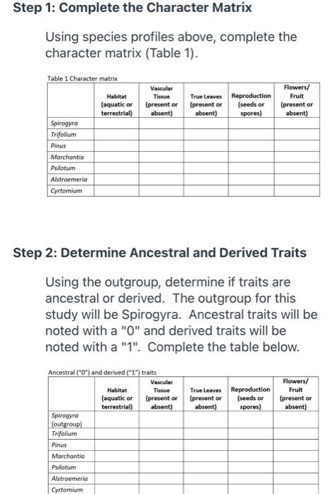 Solved Step 1: Complete the Character Matrix Using species | Chegg.com