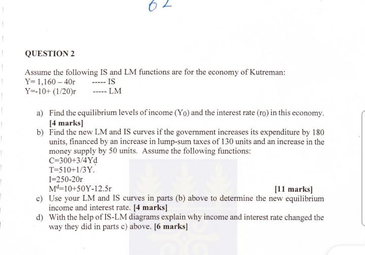 Solved Assume the following IS and LM functions are for the | Chegg.com