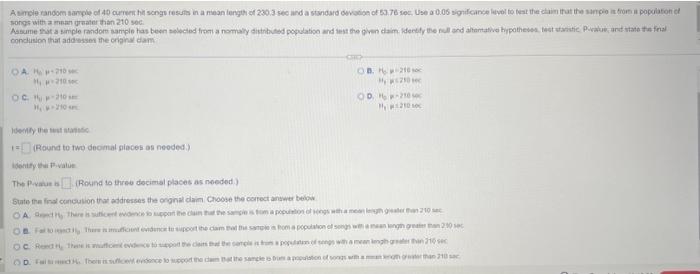 Solved songs with a maman yeater than 210 sec. condusion | Chegg.com