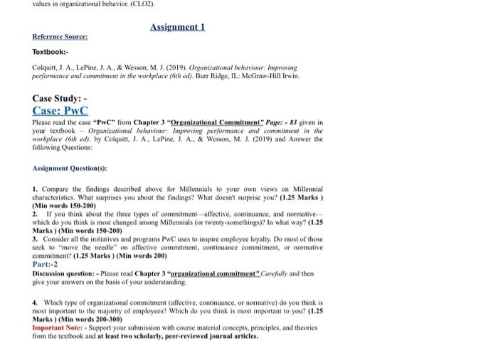 Solved values in organizational behavior (CLO2) Assignment 1 | Chegg.com