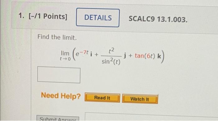 Solved 1. [-/1 Points] DETAILS SCALC9 13.1.003. Find the | Chegg.com