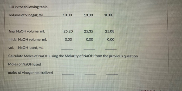 Solved Fill in the following table. Standardizing NaOH with | Chegg.com