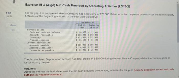 Solved Exercise 15-2 (Algo) Net Cash Provided by Operating | Chegg.com
