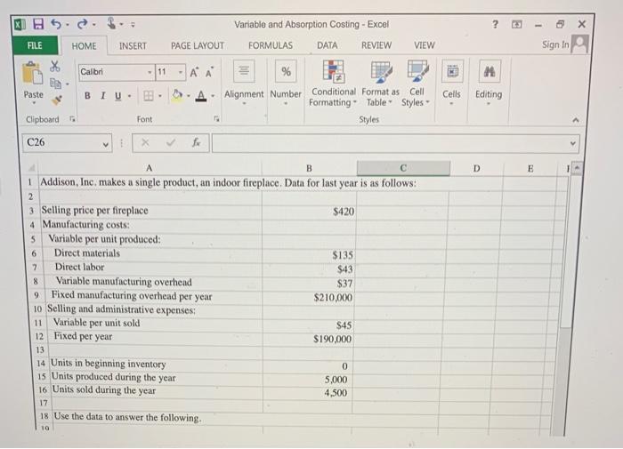 Solved Variable and Absorption Costing using Excel's SUM and | Chegg.com