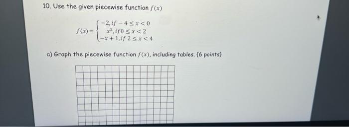 Solved 10. Use the given piecewise function f(x) f(x)=⎩⎨⎧−2, | Chegg.com