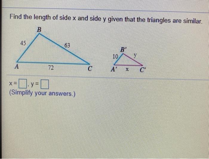 Solved Find the length of side x and side y given that the | Chegg.com