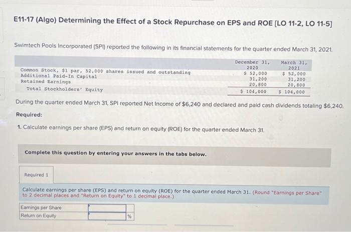 Solved E11-17 (Algo) Determining the Effect of a Stock | Chegg.com