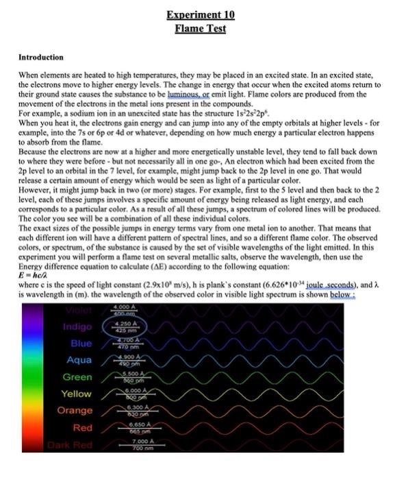 Solved Experiment 10 Flame Test Introduction When elements | Chegg.com
