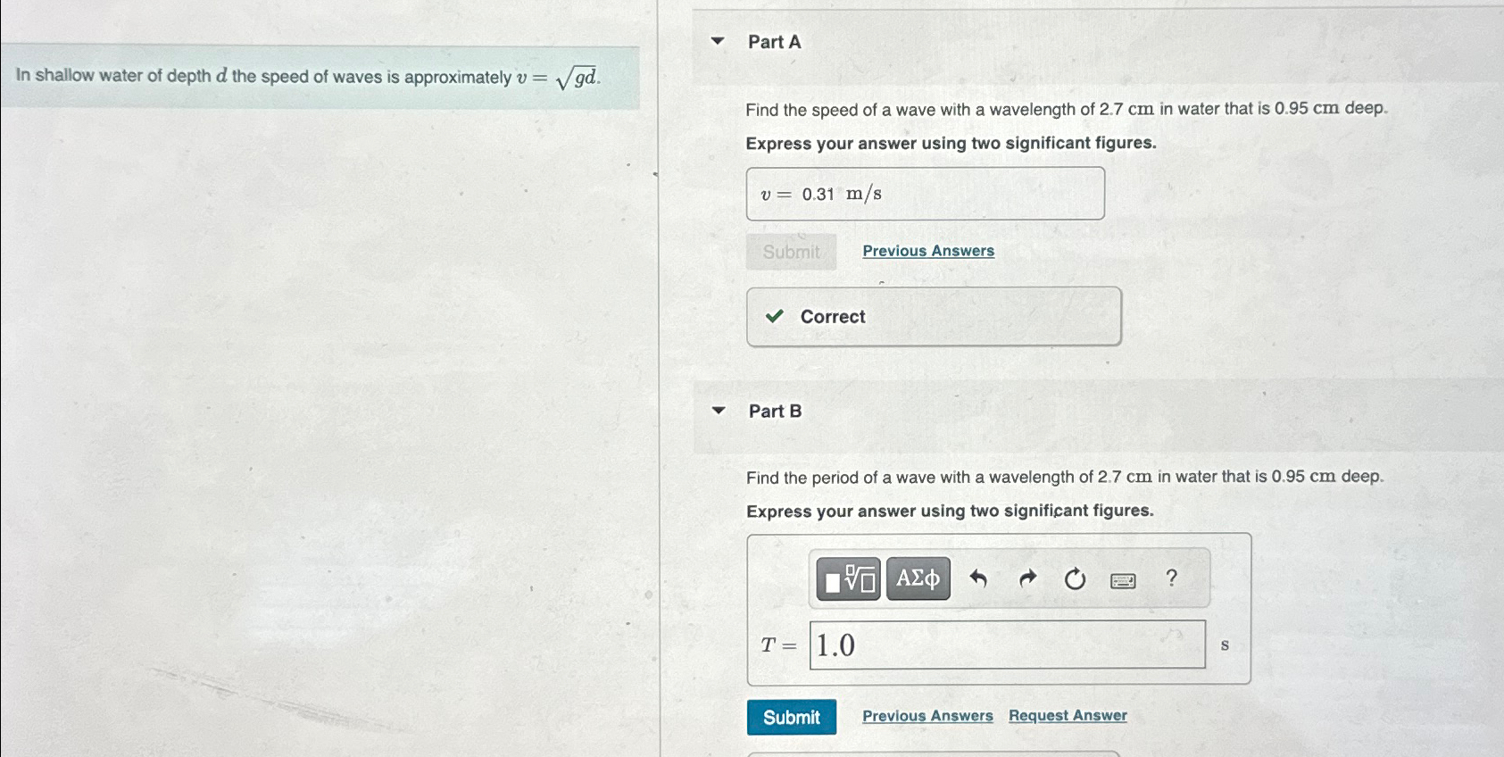 Solved In shallow water of depth d ﻿the speed of waves is | Chegg.com