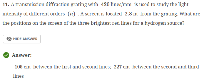 Solved A transmission diffraction grating with 420 ﻿lines | Chegg.com