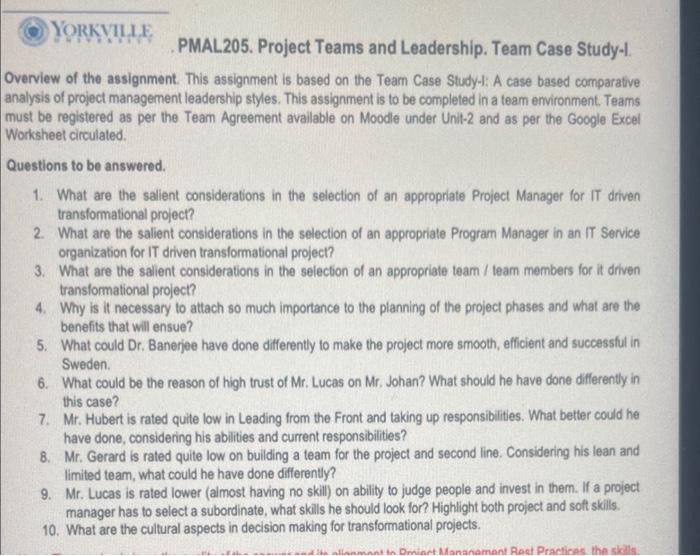 PMAL205. Project Teams and Leadership. Team Case | Chegg.com