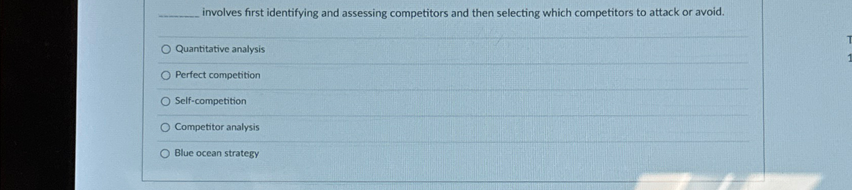 Solved involves first identifying and assessing competitors | Chegg.com