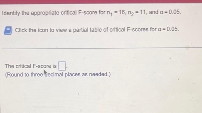 Solved Identify the appropriate critical F-score for | Chegg.com