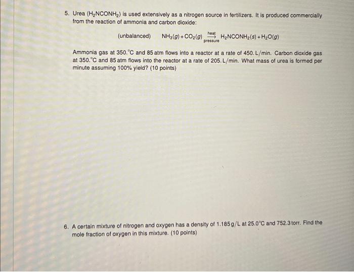 Solved 5. Urea (H2NCONH2) is used extensively as a nitrogen | Chegg.com