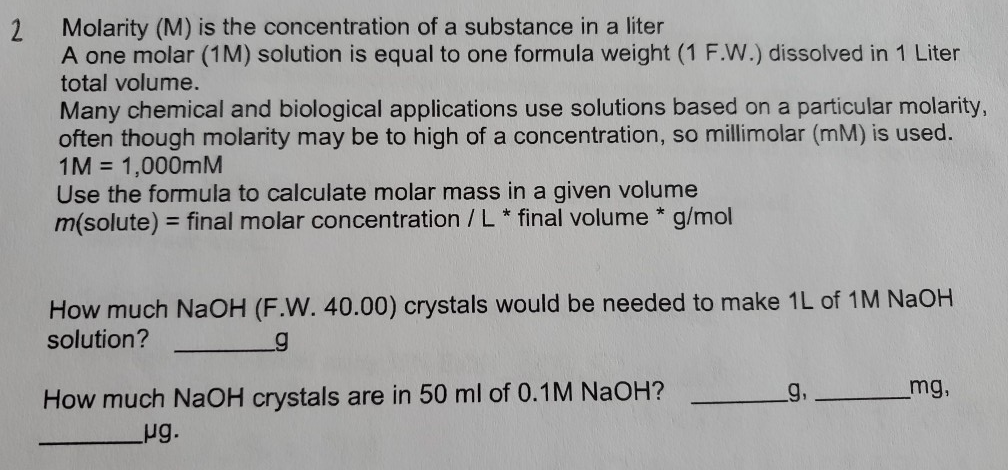 Solved 2 Molarity (M) is the concentration of a substance in | Chegg.com