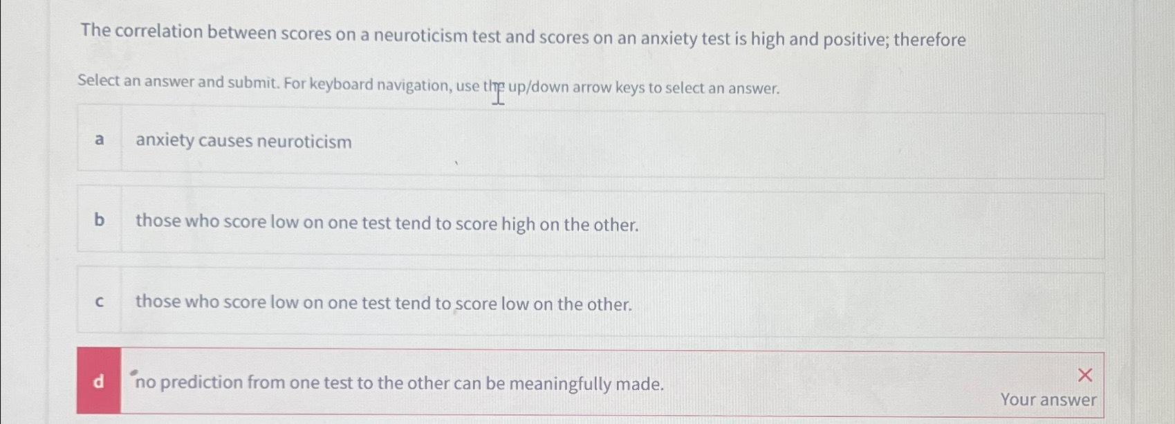 Solved The correlation between scores on a neuroticism test | Chegg.com
