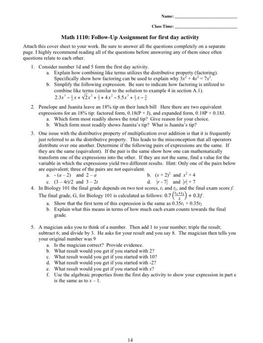 Solved Name Class Time Math 1110 Follow Up Assignment For