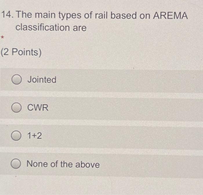 Solved 14. The main types of rail based on AREMA | Chegg.com