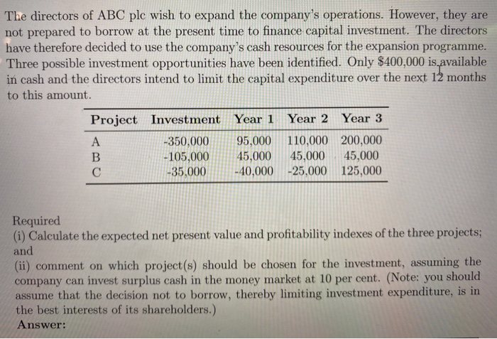 Solved The directors of ABC plc wish to expand the company's | Chegg.com