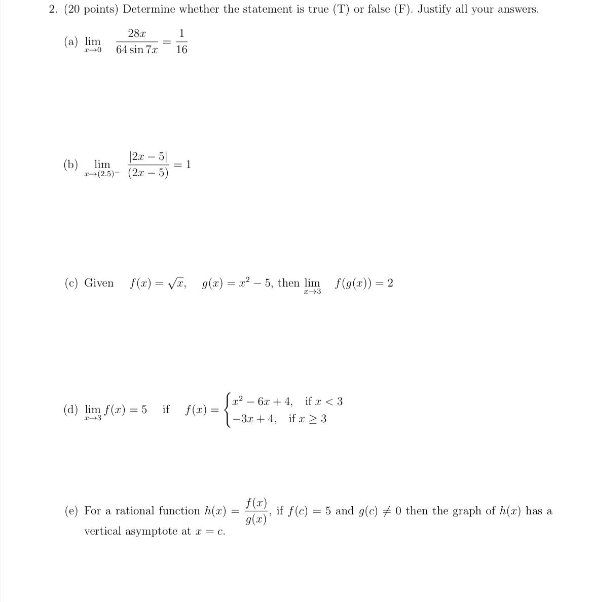 Solved (20 ﻿points) ﻿Determine whether the statement is true | Chegg.com
