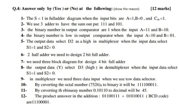 Solved Q.4: Answer only by (Yes ) or (No) at the following: | Chegg.com