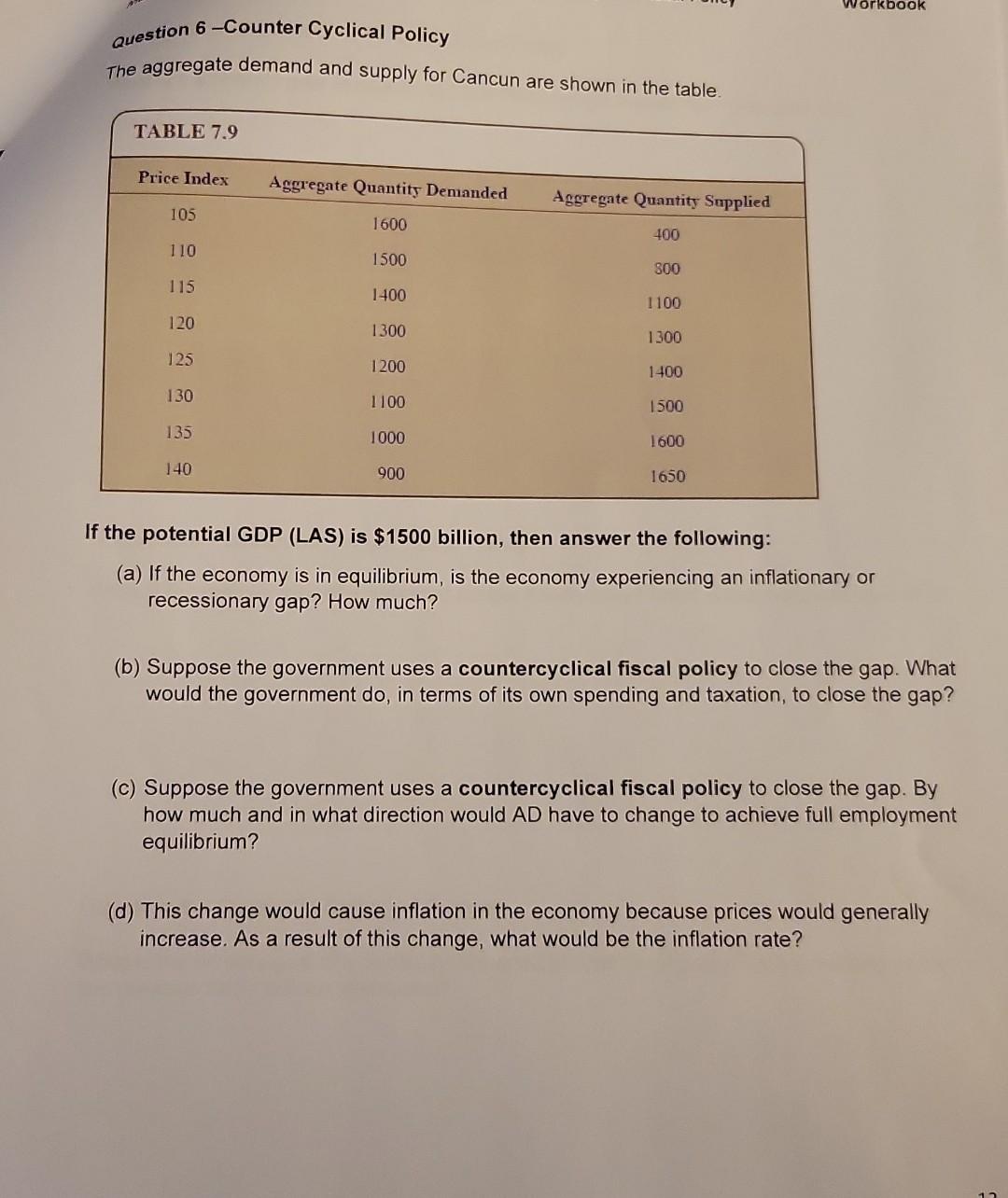 Solved Question 6 -Counter Cyclical Policy The aggregate | Chegg.com