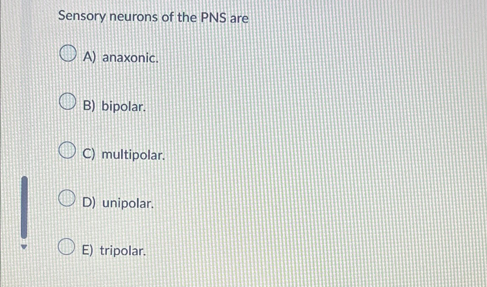 Solved Sensory neurons of the PNS areA) ﻿anaxonic.B) | Chegg.com