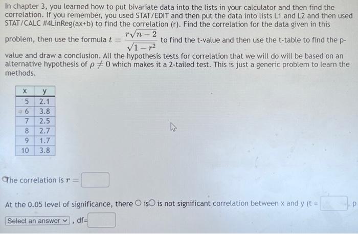 Solved In chapter 3 , you learned how to put bivariate data | Chegg.com