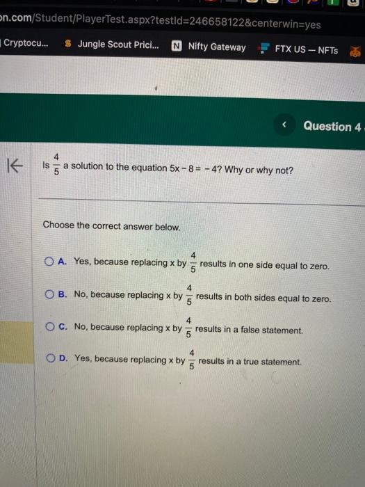 Solved Is 54 a solution to the equation 5x−8=−4 ? Why or why | Chegg.com