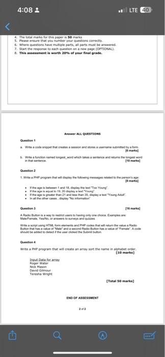 Solved 4:08: 4. The total marks for this paper is 50 marks | Chegg.com