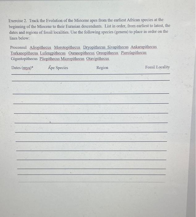 Exercise 2. Track the Evolution of the Miocene apes | Chegg.com