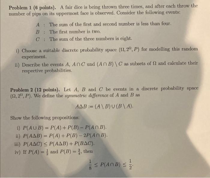 Solved Problem 1 (6 points). A fair dice is being thrown | Chegg.com