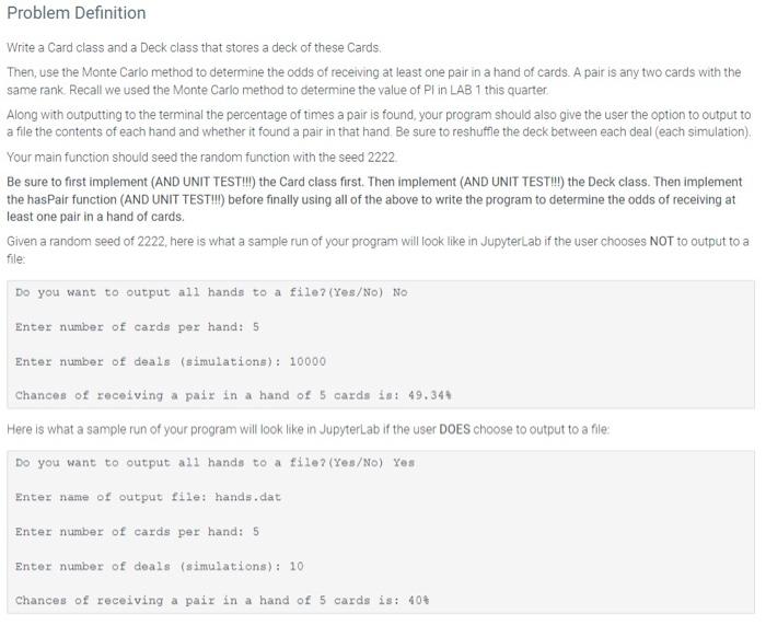 Solved Problem Definition Write a Card class and a Deck | Chegg.com