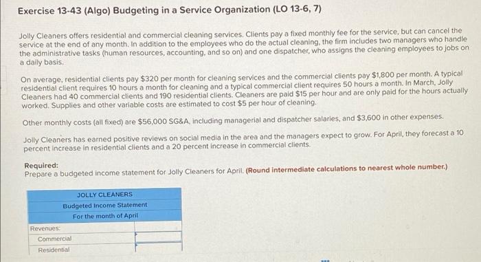 Solved Exercise 13-43 (Algo) Budgeting in a Service | Chegg.com