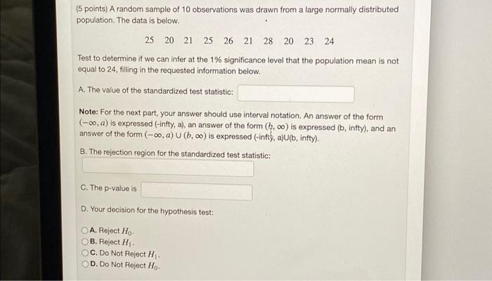 Solved (5 points) A random sample of 10 observations was | Chegg.com