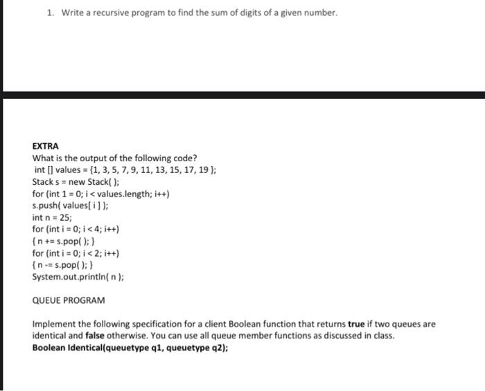 Solved 1. Write a recursive program to find the sum of | Chegg.com