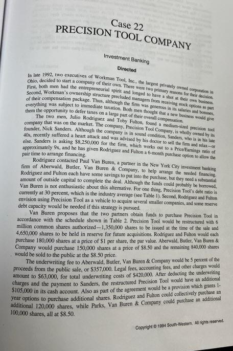 Solved Case 22 PRECISION TOOL COMPANY Investment Banking | Chegg.com