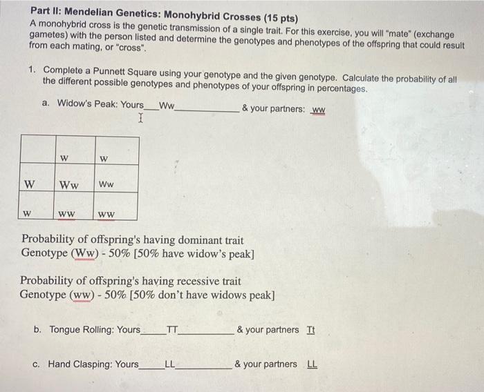 Solved Part II: Mendelian Genetics: Monohybrid Crosses (15 | Chegg.com