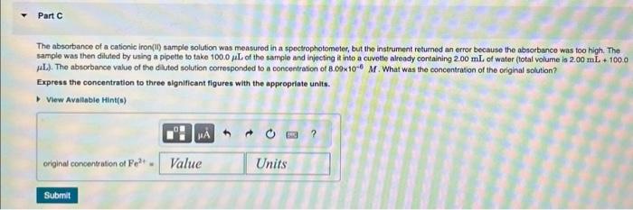 Solved The absorbance of a cationic iron(II) sample solution | Chegg.com