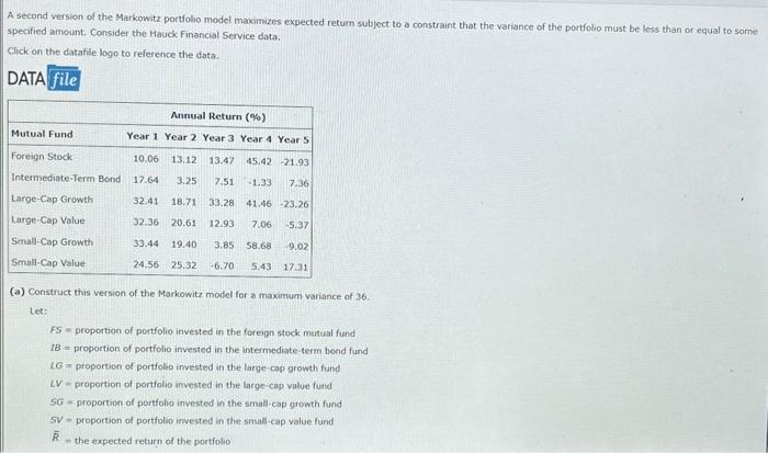 A second version of the Markowitz portfolio model | Chegg.com