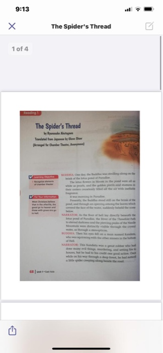 Solved 9:13 . Х The Spider's Thread 1 of 4 The Spider's | Chegg.com