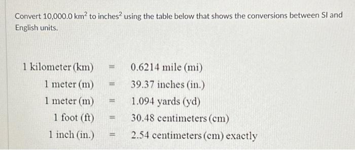 Solved Convert 10,000.0 km2 to inches 2 using the table | Chegg.com